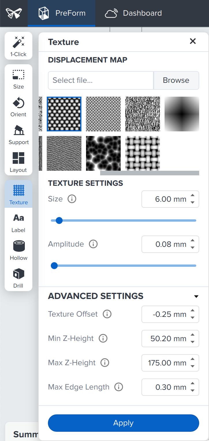 Adding texture to surfaces in PreForm