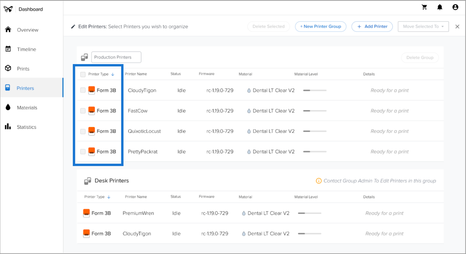 Adding and removing printers on Dashboard