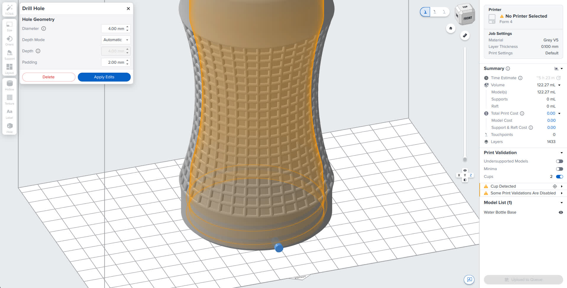 Adding holes to models in PreForm