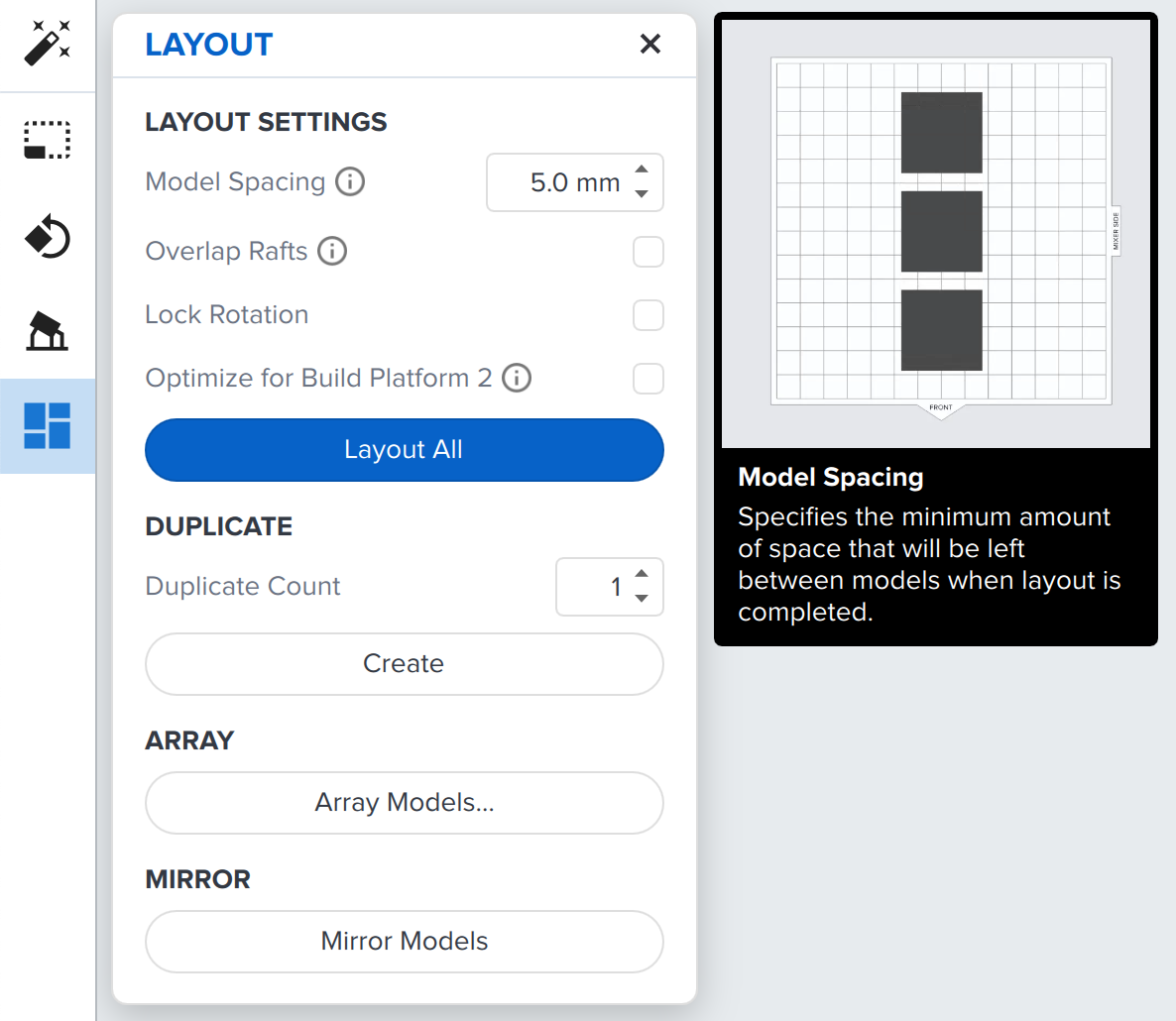 Automatic layout settings for SLA printing