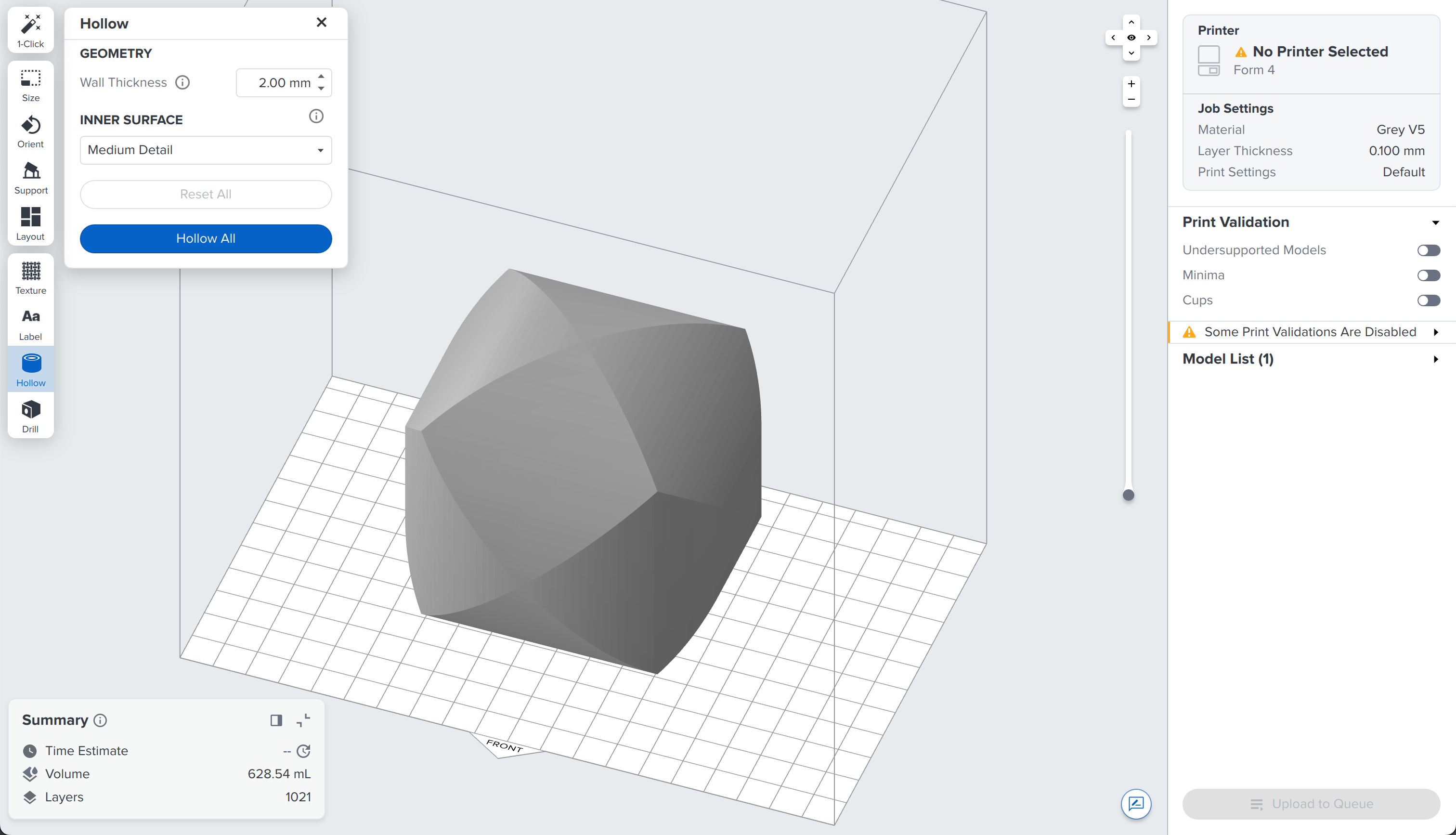 Hollowing models in PreForm