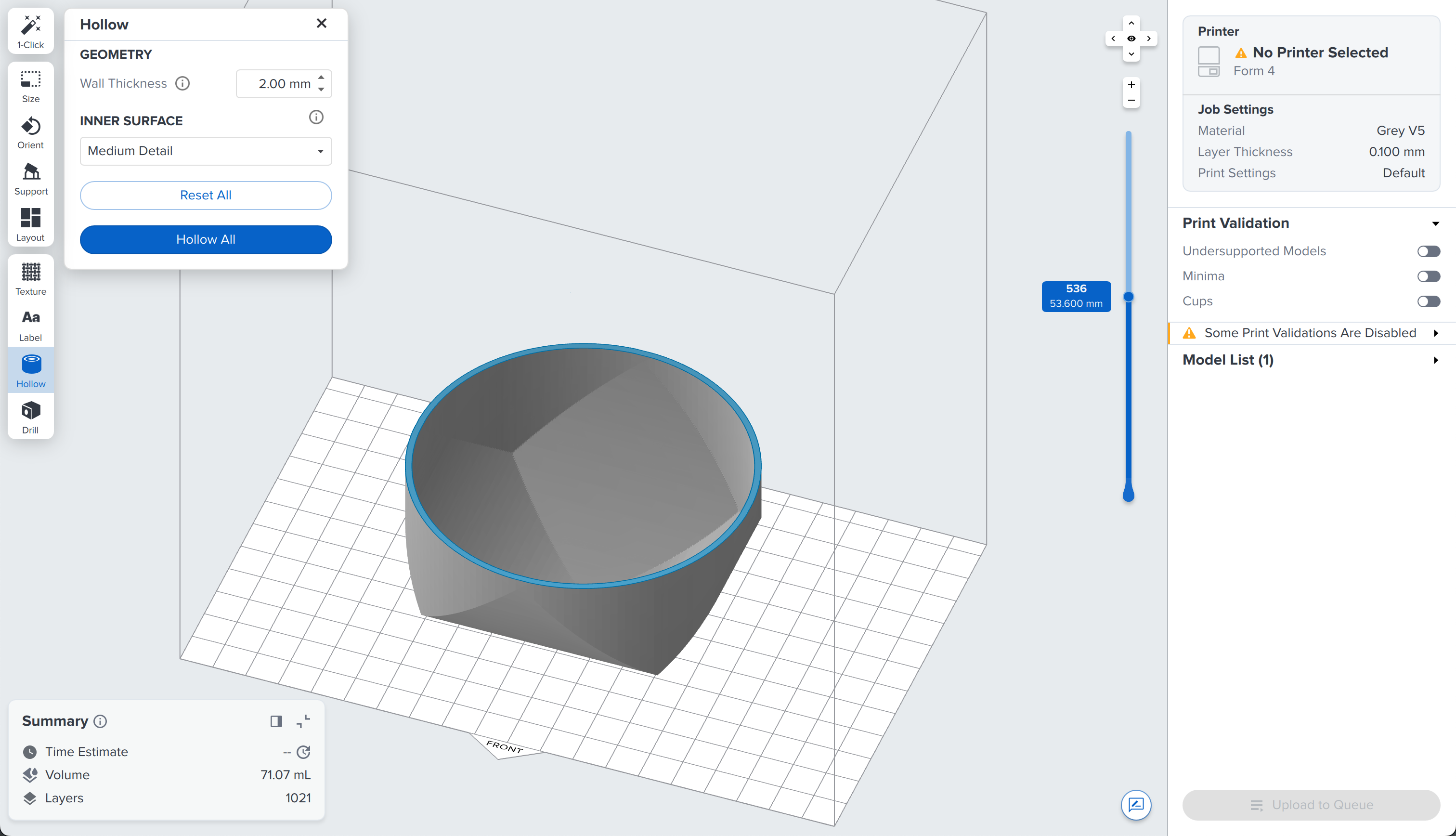 Hollowing models in PreForm
