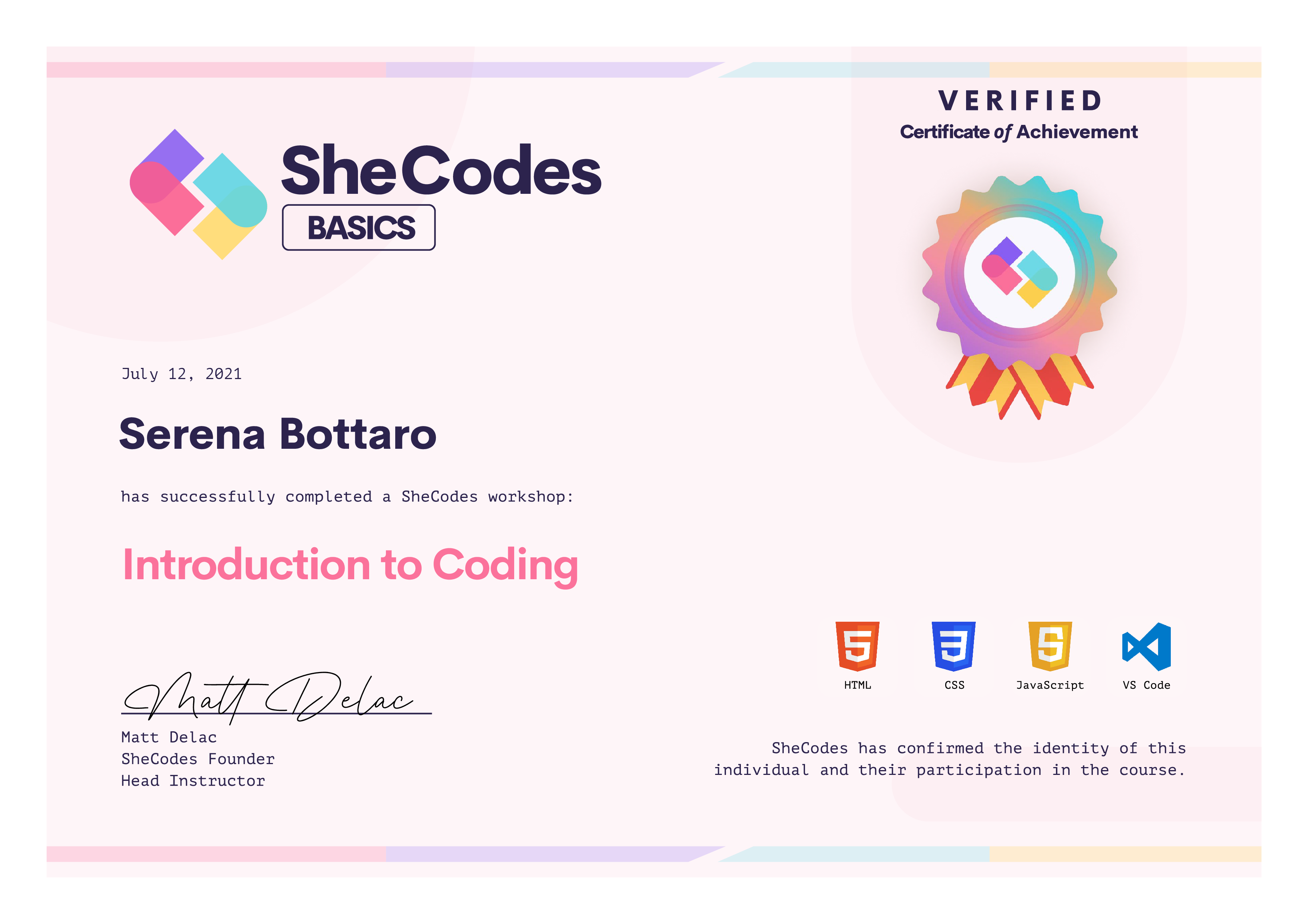 Serena Bottaro SheCodes Profile | SheCodes