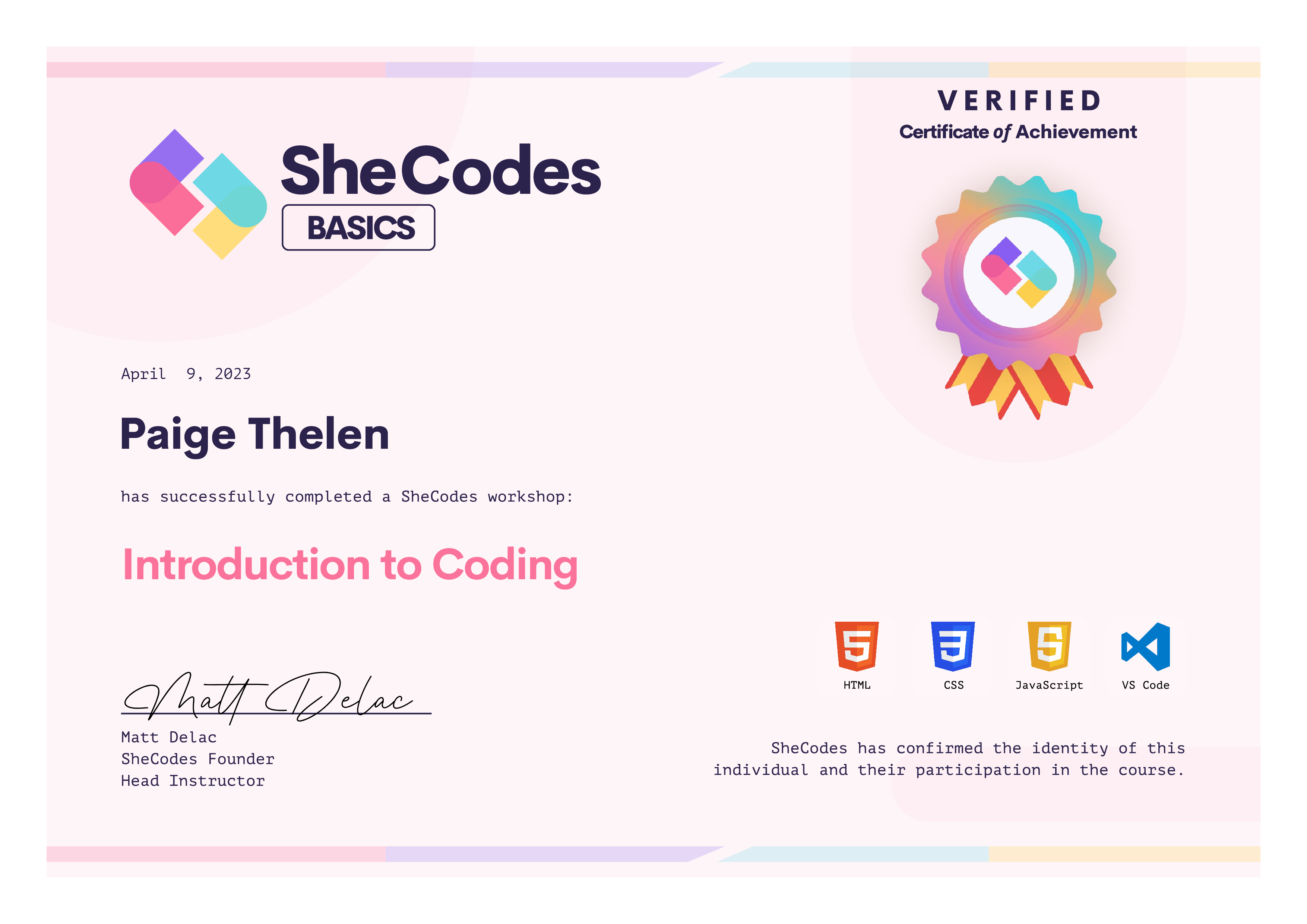Paige Thelen SheCodes Profile | SheCodes