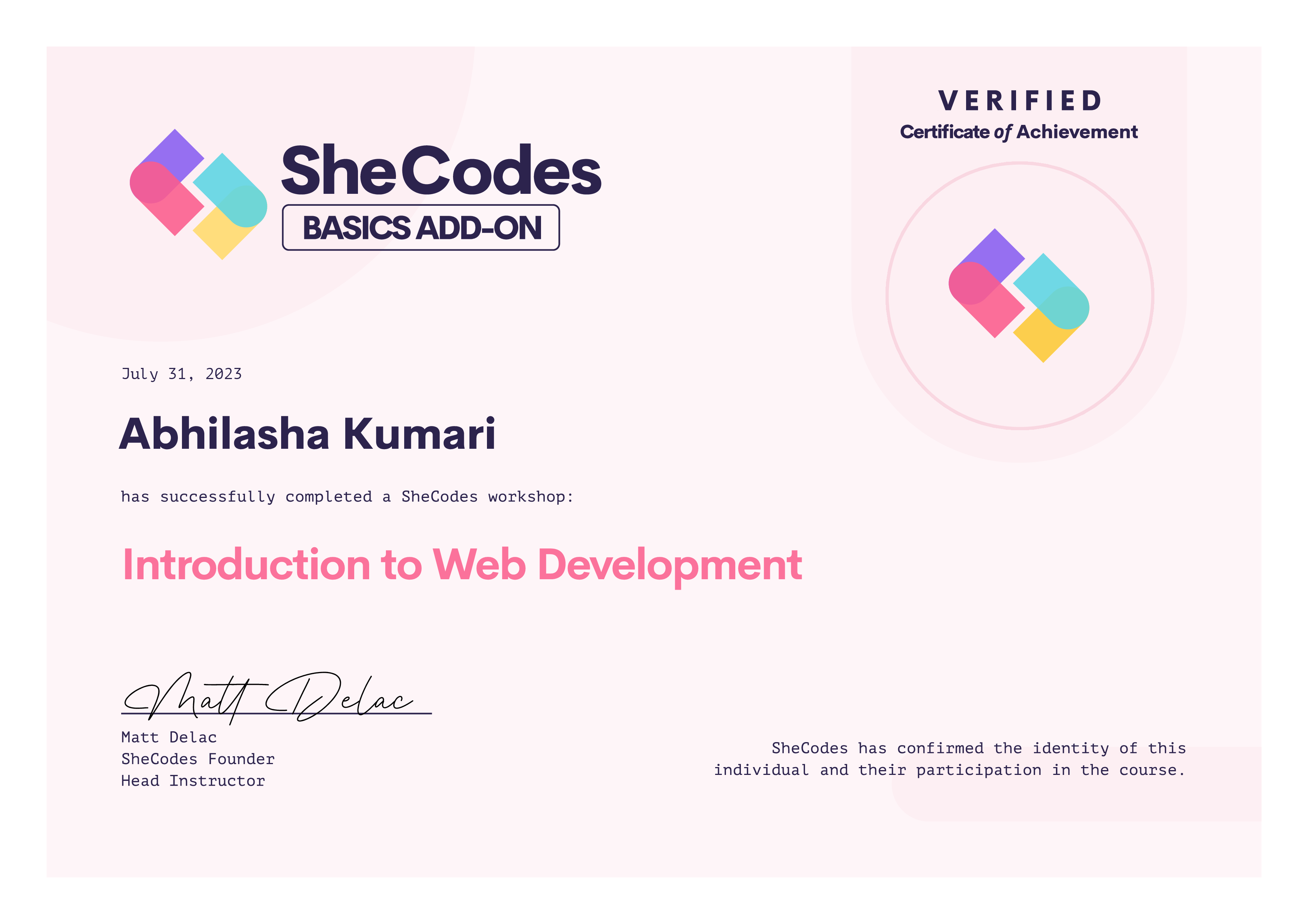 Abhilasha Kumari SheCodes Profile | SheCodes