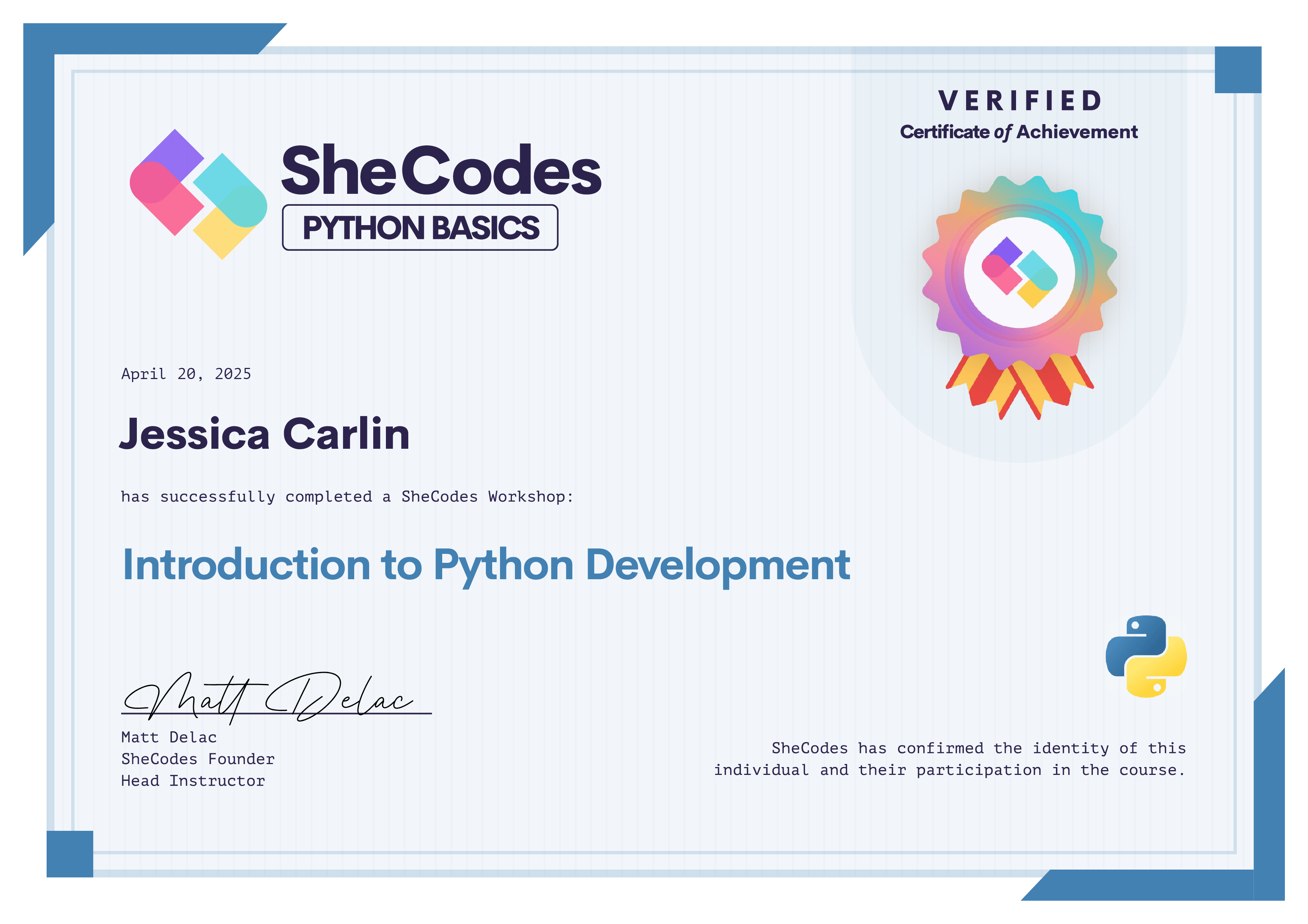 Jessica Carlin SheCodes Profile | SheCodes