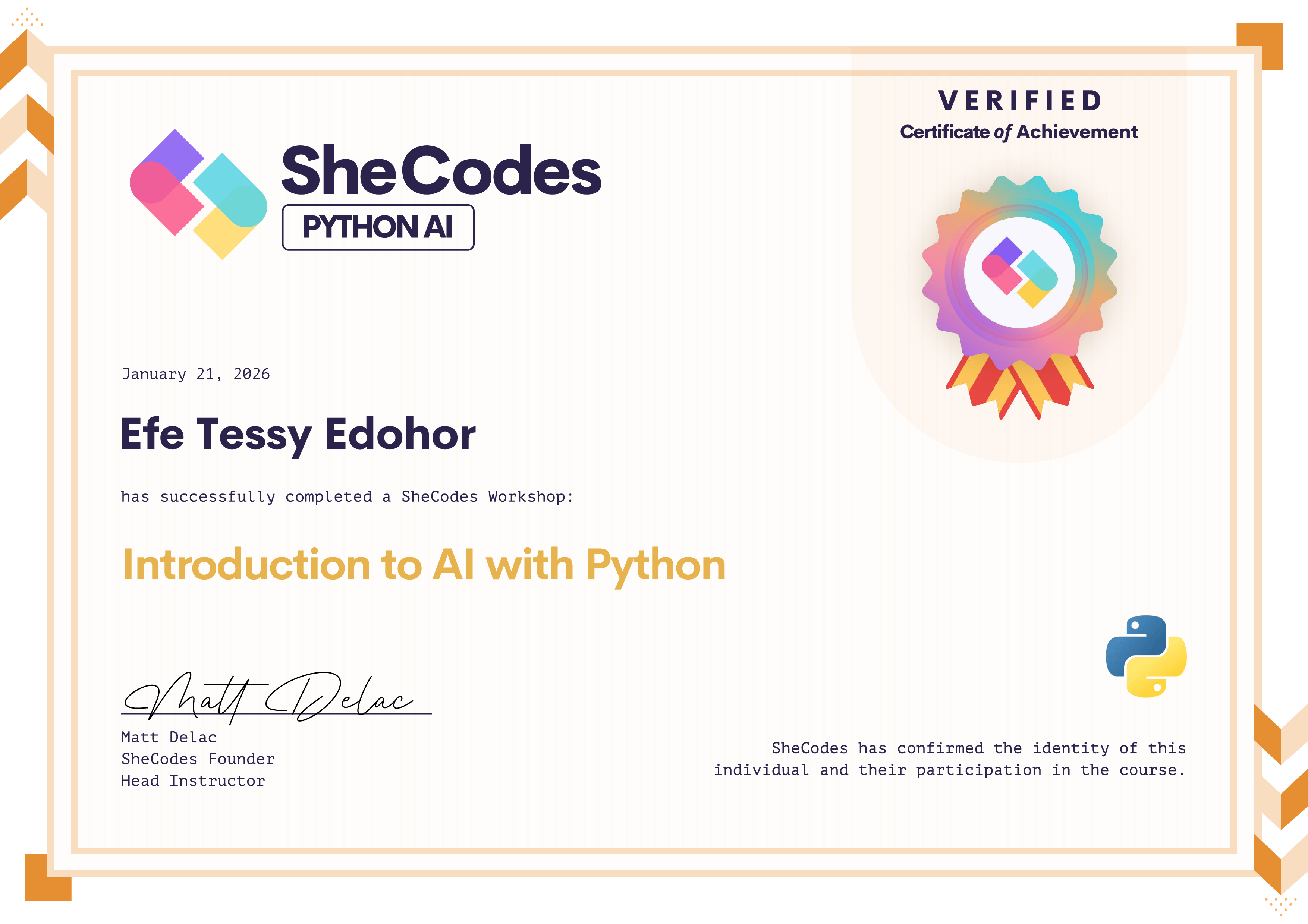 Efe Tessy Edohor SheCodes Profile | SheCodes