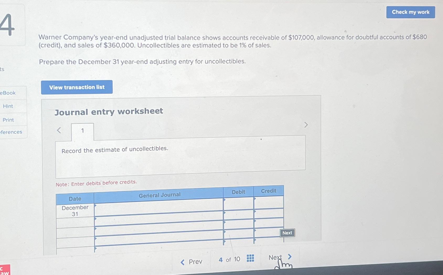[Solved] 4 Check my work Warner Company's year-end | SolutionInn