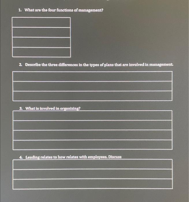 [SOLVED] 1. What are the four functions of management? 2. Describe the ...