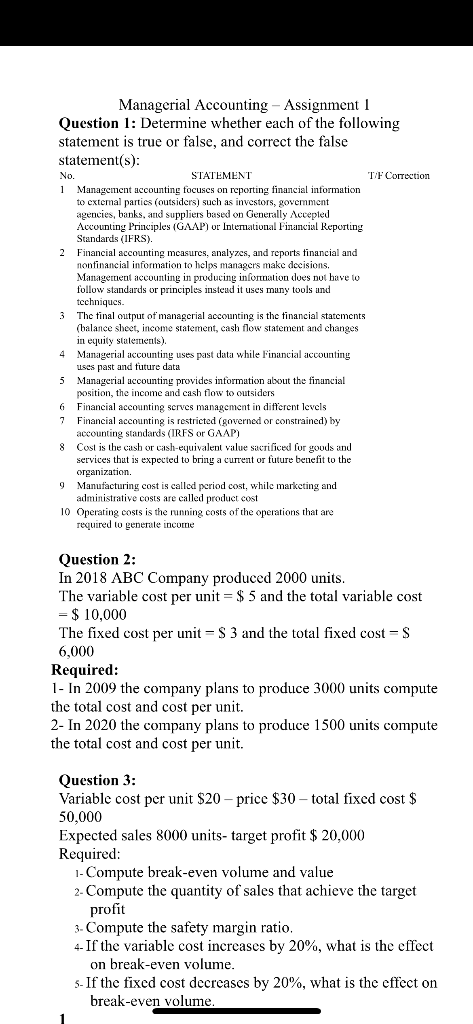 [Solved] Managerial Accounting - Assignment 1 Ques | SolutionInn