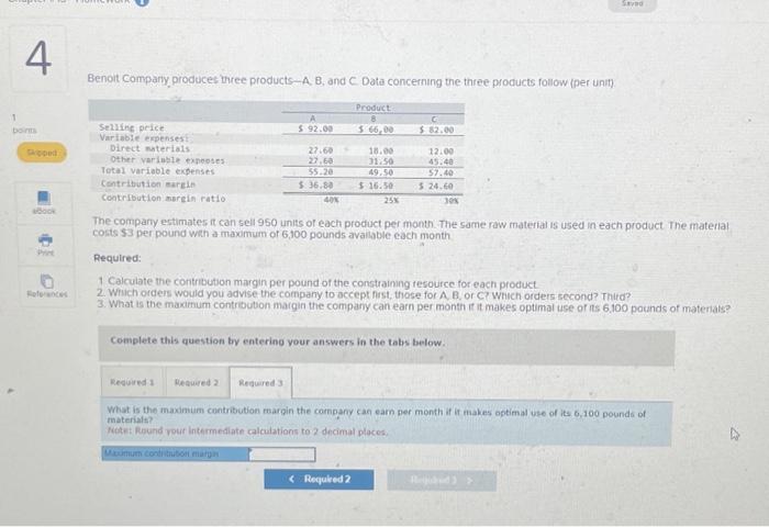 [Solved] 4 Benoit Company produces three products- | SolutionInn
