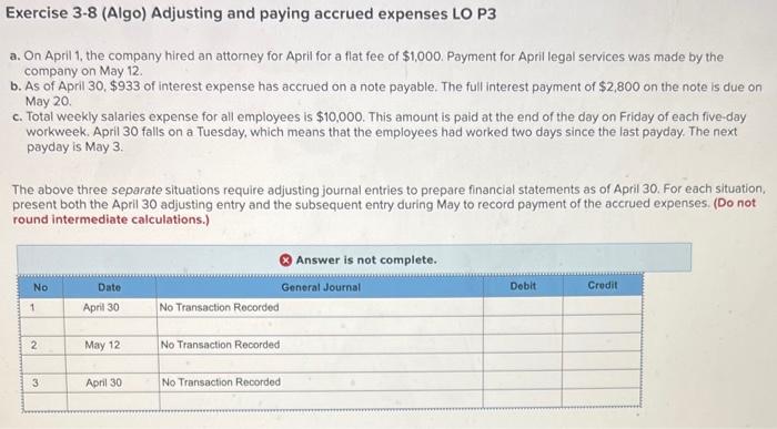 [Solved] Exercise 3-8 (Algo) Adjusting and paying | SolutionInn