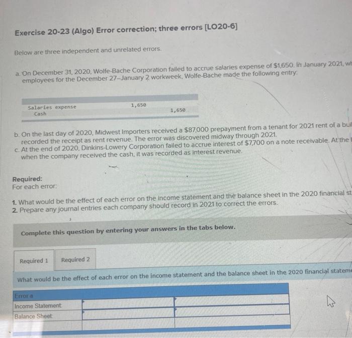 [SOLVED] Exercise 20-23 (Algo) Error correction; three errors [LO20-6 ...