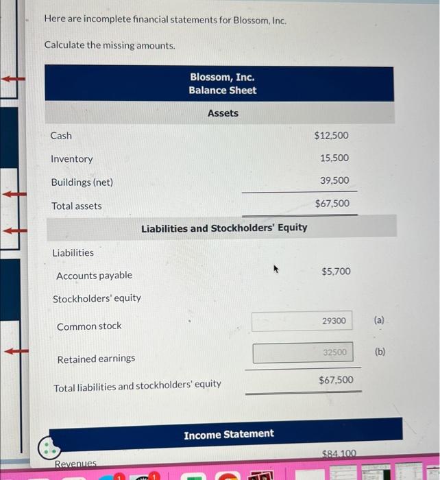 [SOLVED] Here are incomplete financial statements for Blossom, Inc ...