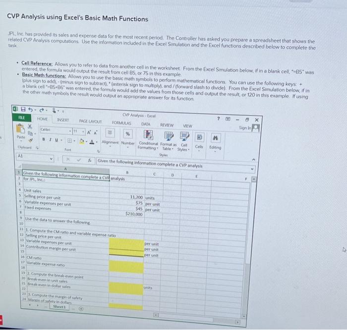 [Solved] CVP Analysis using Excel's Basic Math Fun | SolutionInn