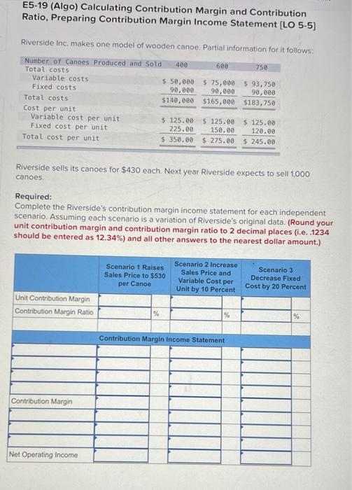 [SOLVED] E5-19 (Algo) Calculating Contribution Margin and Contribution ...