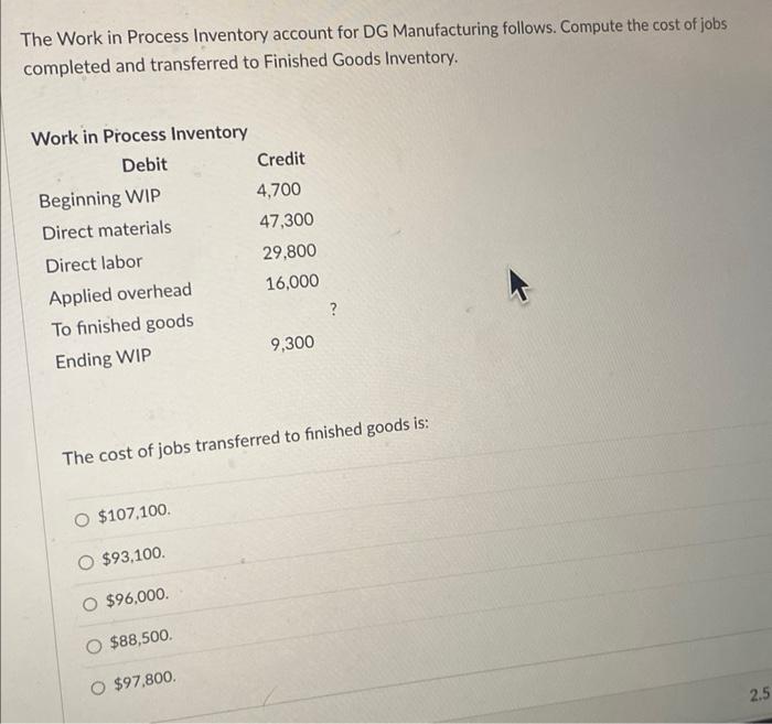 [SOLVED] The Work in Process Inventory account for DG Manufacturing ...