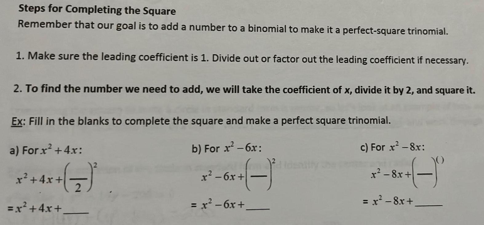 [Solved] Steps for Completing the Square Remember | SolutionInn