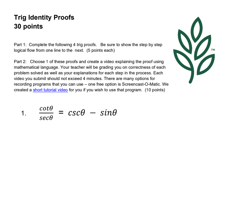 [Solved] Trig Identity Proofs 30 points Part 1: Co | SolutionInn