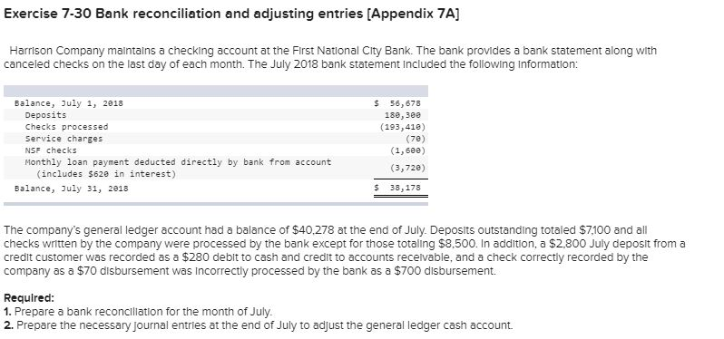 [SOLVED] Exercise 7-30 Bank reconciliation and adjusting entries ...