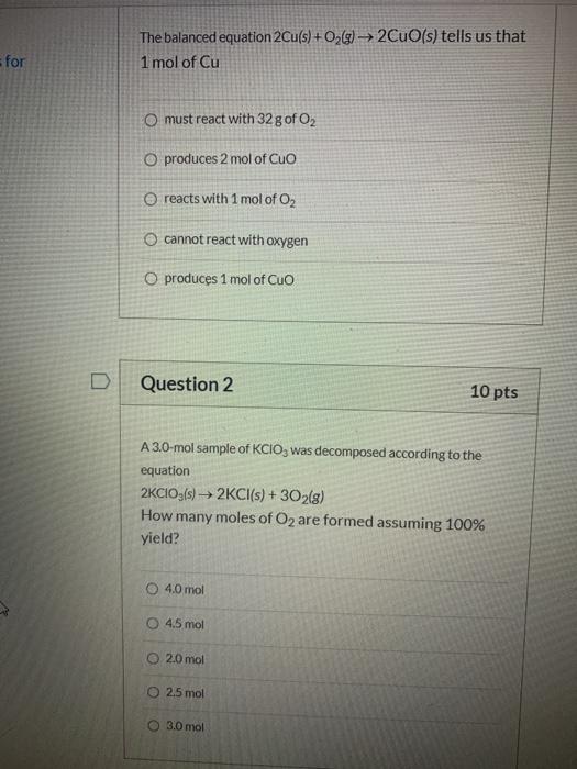 [Solved] The balanced equation 2Cu(s) + O,(g) 2CUO | SolutionInn