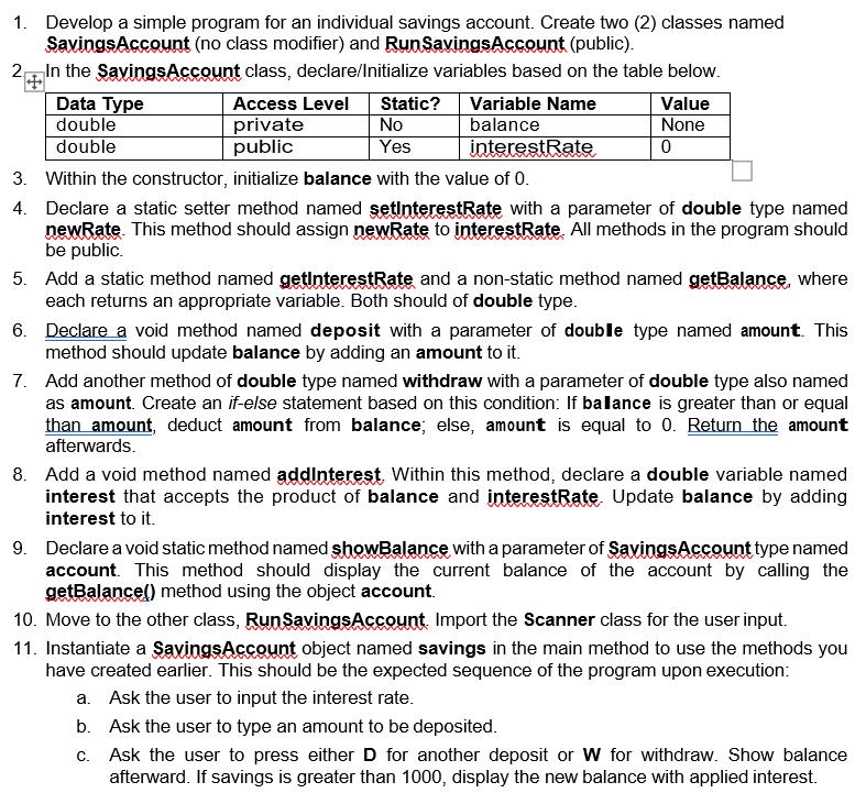 [Solved] 1. 2 + In the Savings Account class, decl | SolutionInn