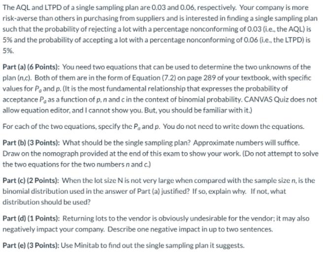 [Solved] The AQL and LTPD of a single sampling pla | SolutionInn