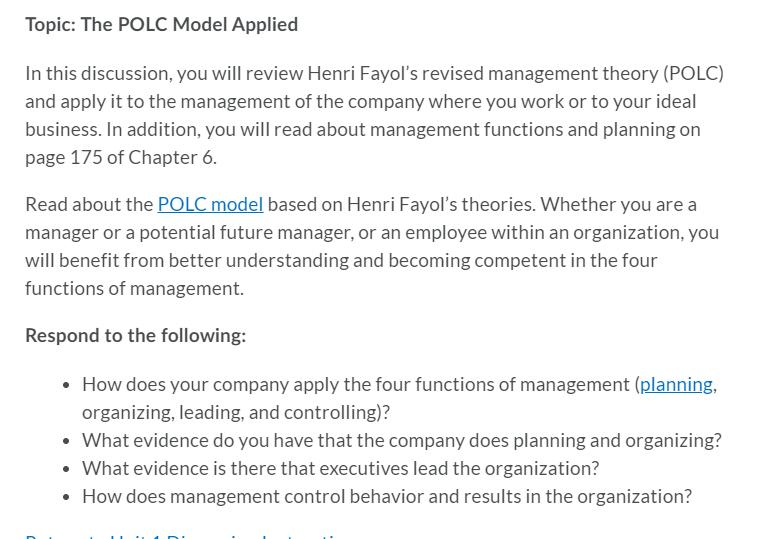 [Solved] Topic: The POLC Model Applied In this dis | SolutionInn