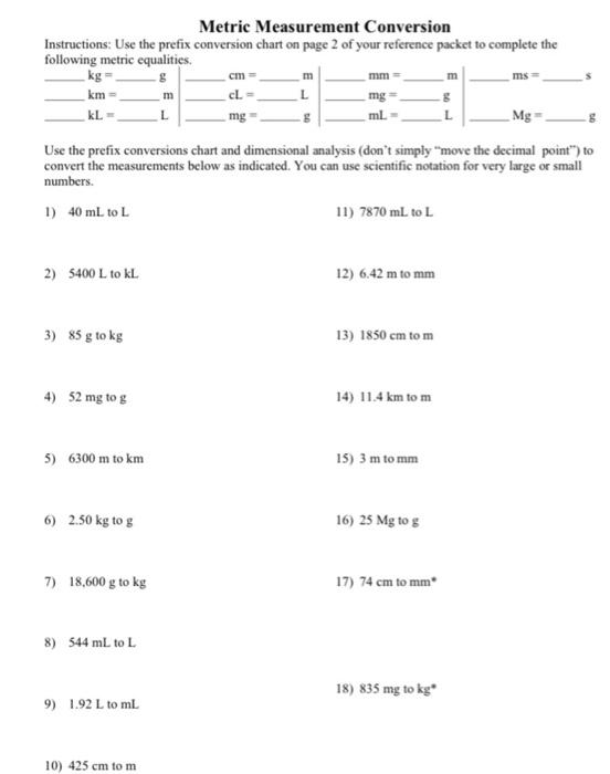 [Solved] Metric Measurement Conversion Instruction | SolutionInn
