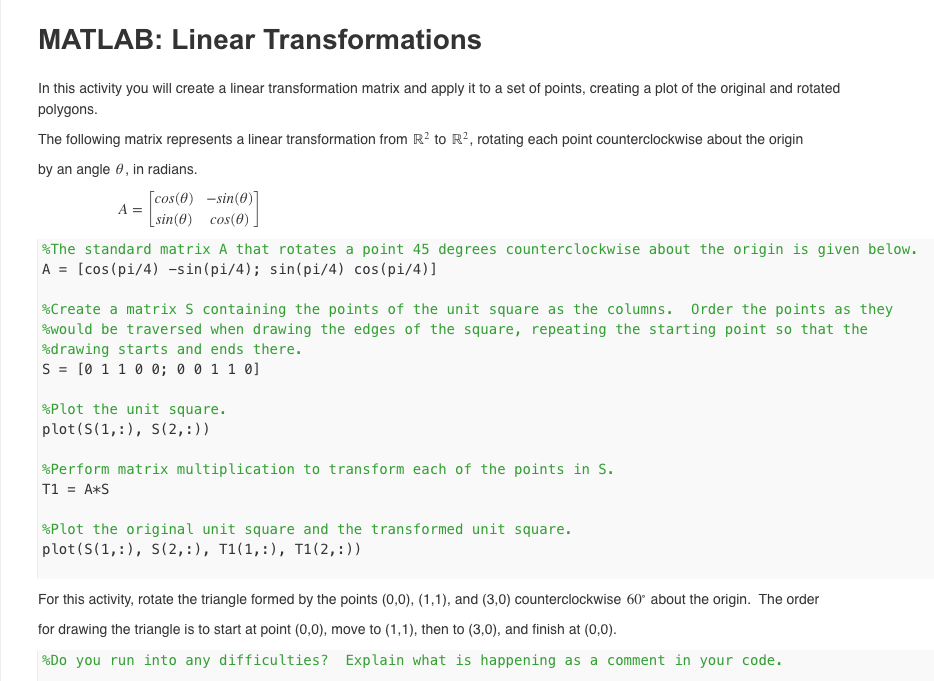 [Solved] MATLAB: Linear Transformations In this ac | SolutionInn