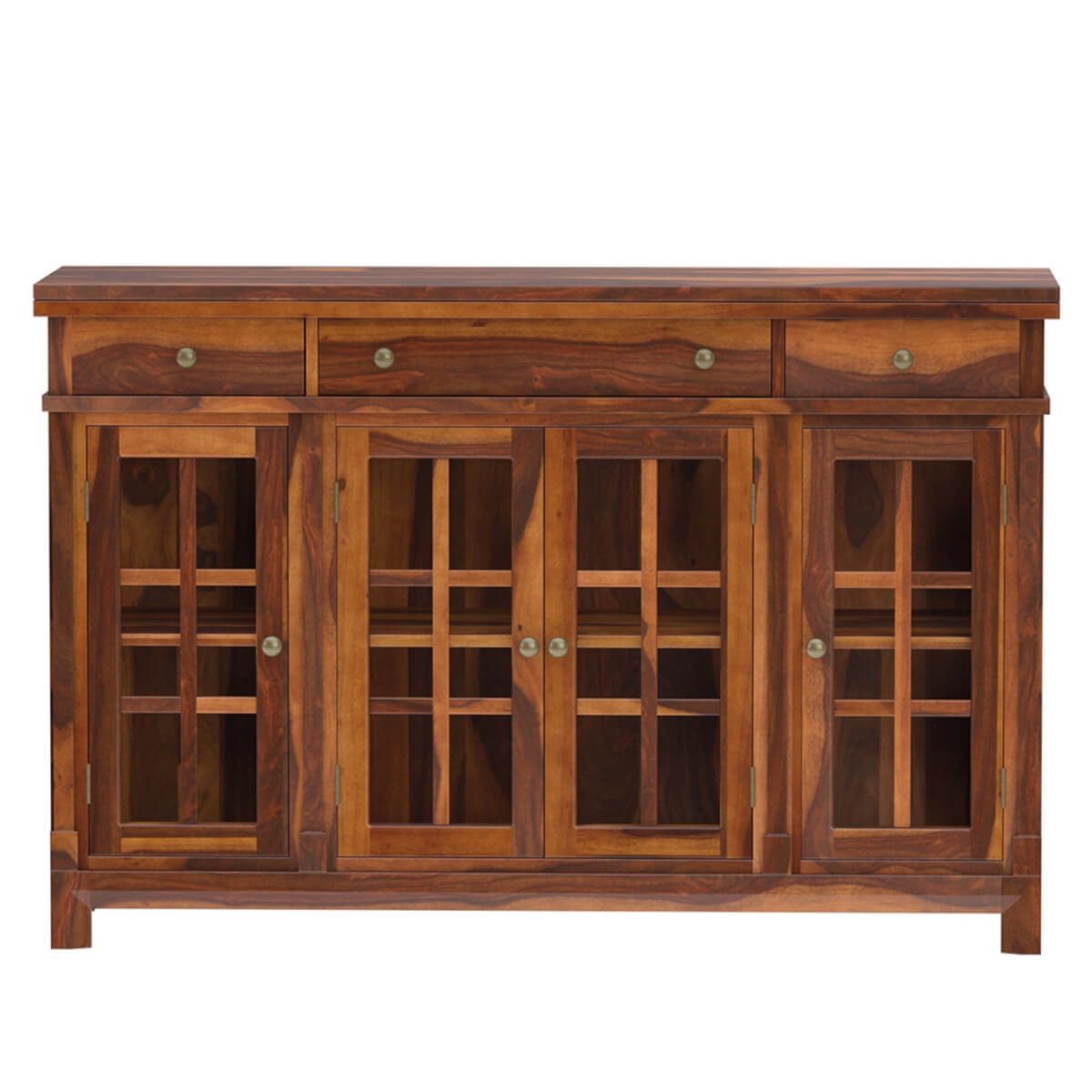 Granada Rustic Solid Wood Glass Door 3 Drawer Large Buffet Cabinet
