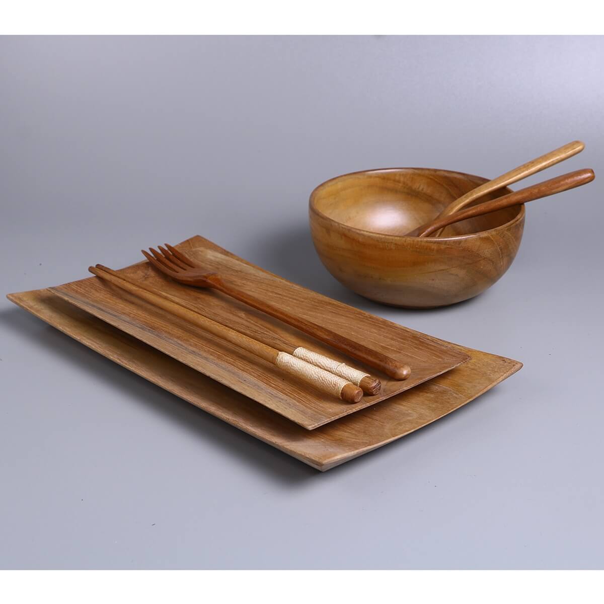 Lozoya Solid Teak Wood Handmade 7-Piece Dinnerware Set