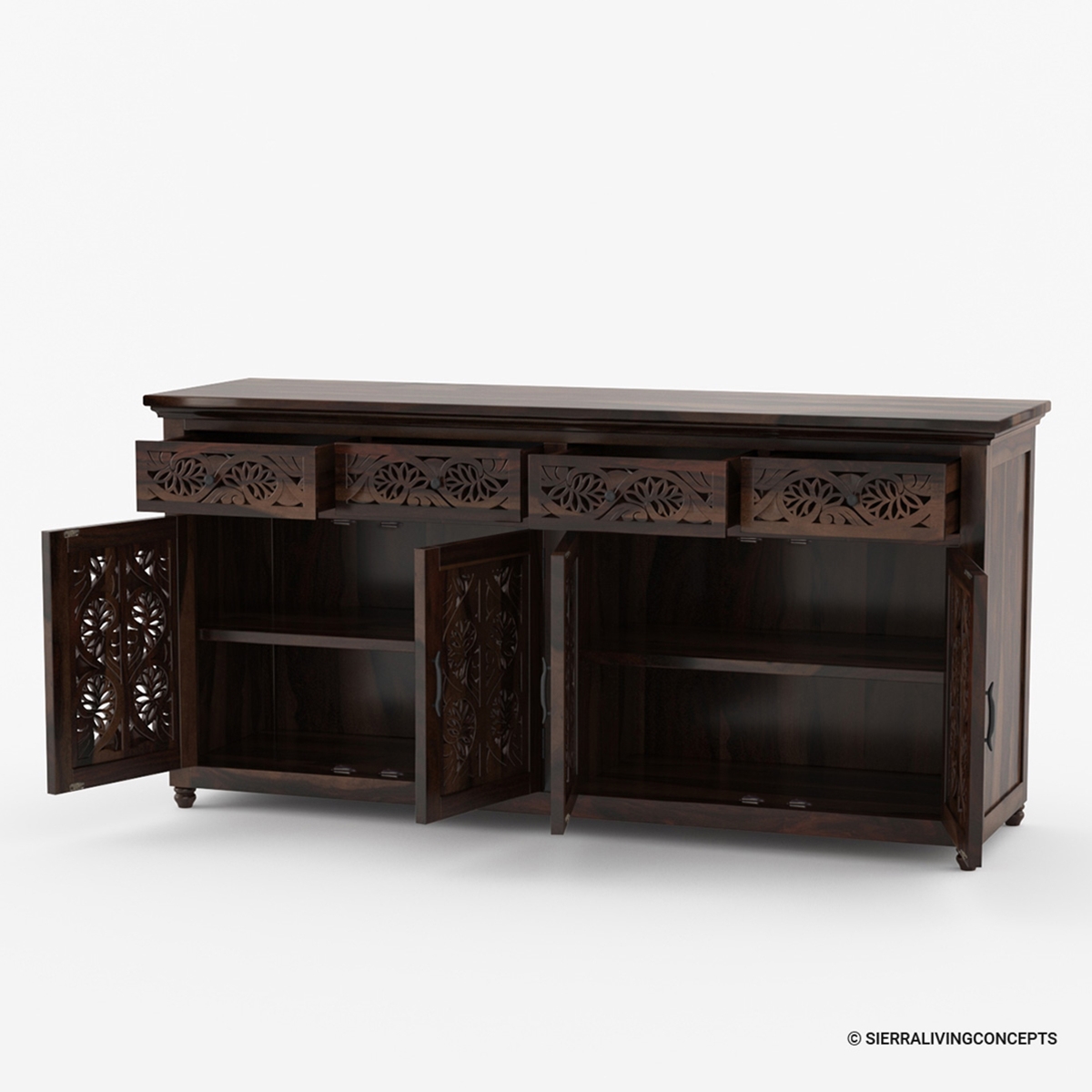 Langley Traditional Rustic Solid Wood 4 Drawer Long Sideboard Cabinet