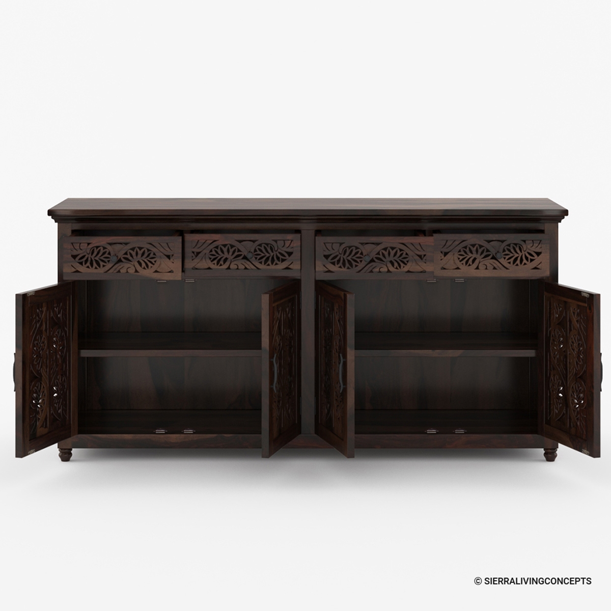 Langley Traditional Rustic Solid Wood 4 Drawer Long Sideboard Cabinet