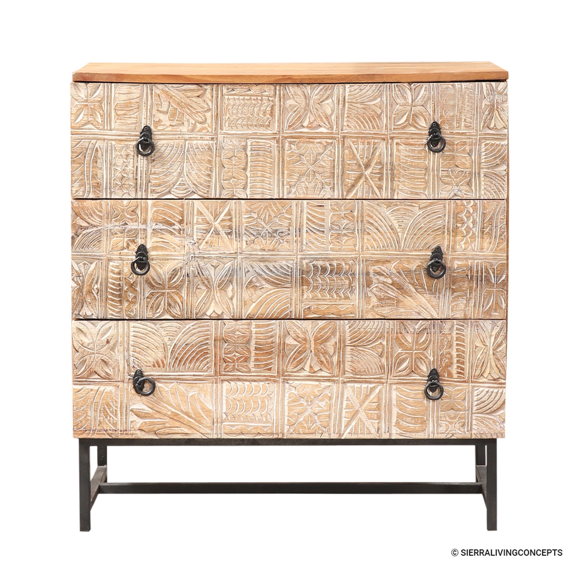 Rustic Solid Wood 3 Drawer Dresser With Iron Base