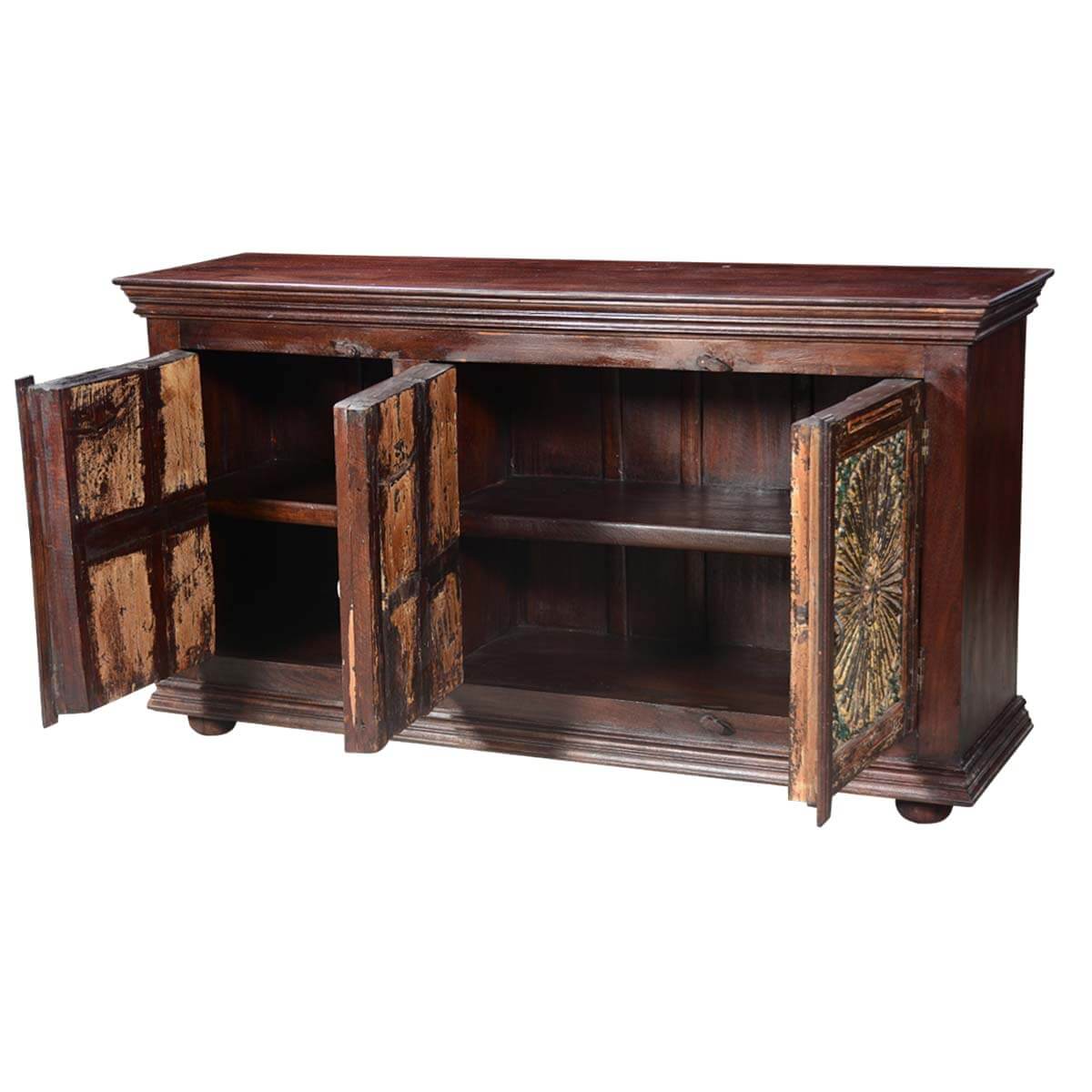 Antique Sunburst Solid Mango Wood Large Rustic Buffet Cabinet