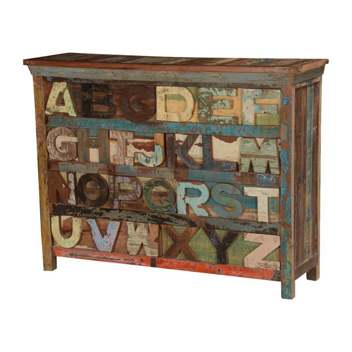 Rustic Alphabet Reclaimed Wood 8 Drawer Double Dresser