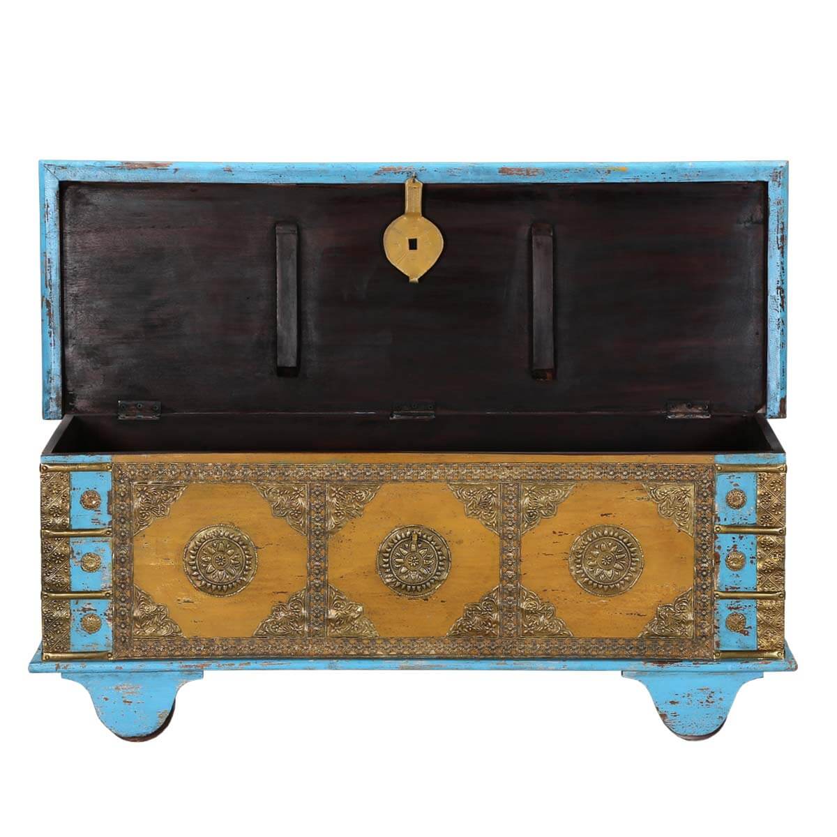 Blue & Gold Mango Wood & Brass Inlay Rolling Storage Trunk