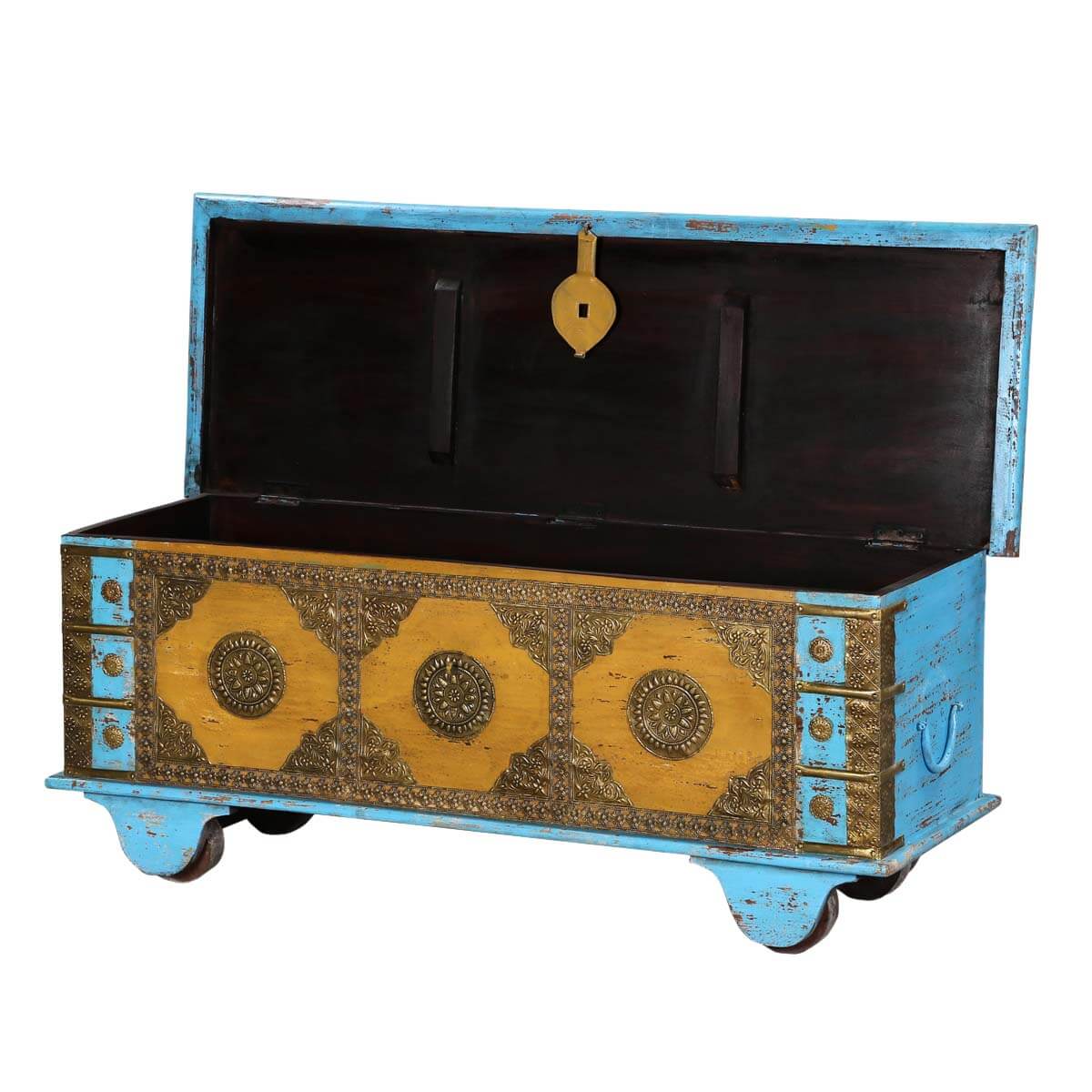 Blue & Gold Mango Wood & Brass Inlay Rolling Storage Trunk