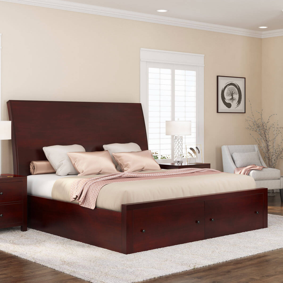 Petros Transitional Mahogany Wooden Sleigh Storage Platform Bed