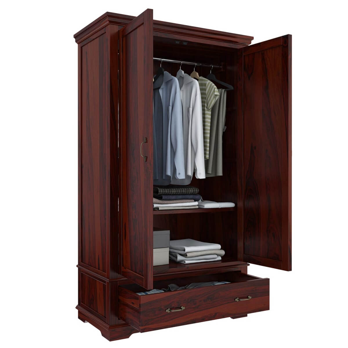 Modesto Rustic Wood Large Wardrobe Armoire With Shelves And Drawer