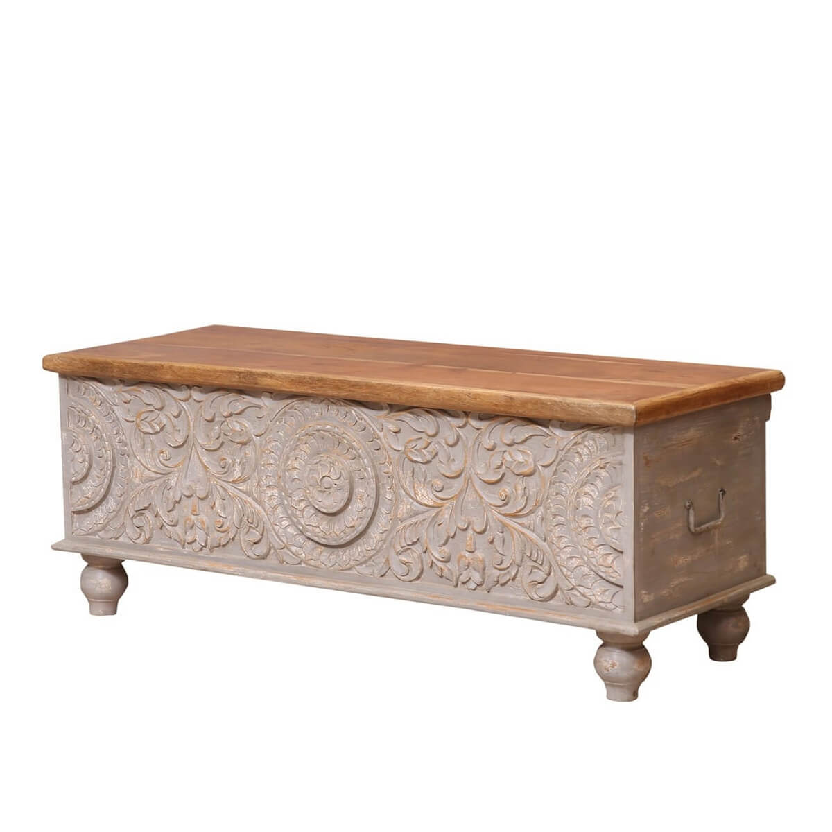 Nordic Reclaimed Wood Floral Hand Carved Storage Trunk Chest