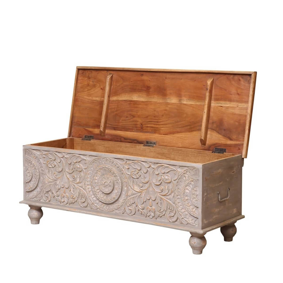 Nordic Reclaimed Wood Floral Hand Carved Storage Trunk Chest