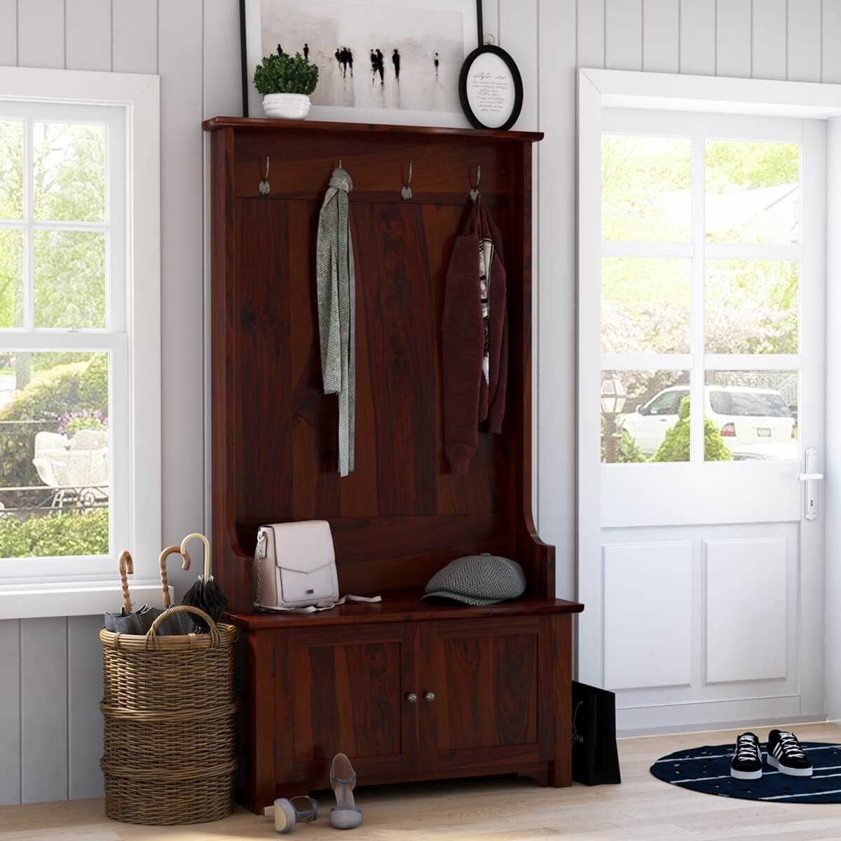Ravenna Rustic Solid Wood Entryway Hall Tree with Storage