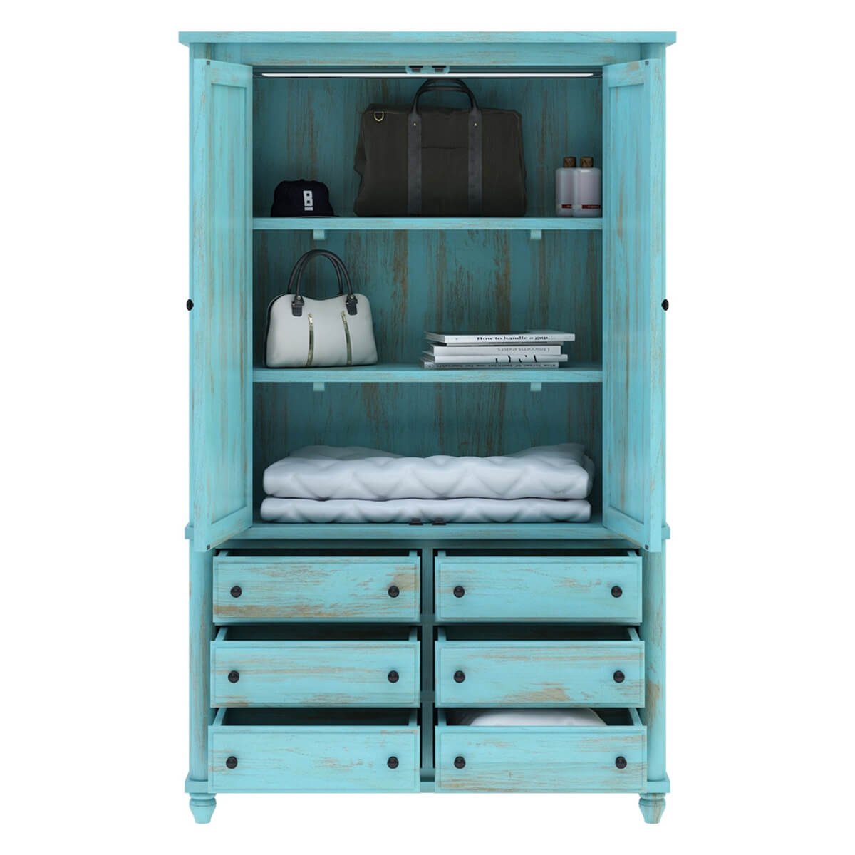 Victorian Turquoise Mango Wood Clothing Armoire Wardrobe With Drawers