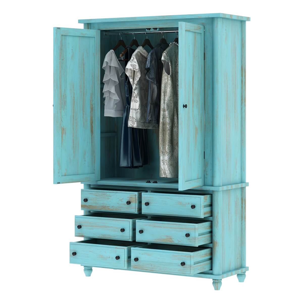 Victorian Turquoise Mango Wood Clothing Armoire Wardrobe With Drawers