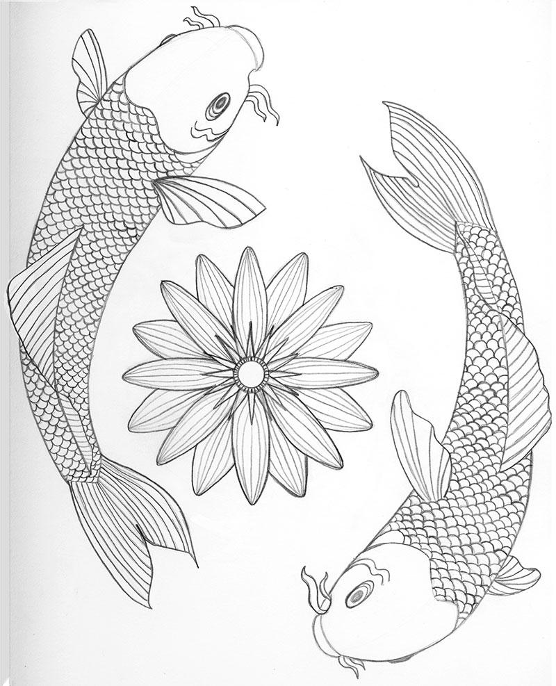 Koi Fish And Lotus Flower Drawing