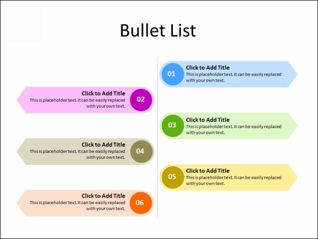 PPT Slide Bullet List 6 Bullets Multicolor