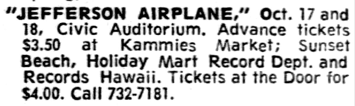Oct 17, 1969: Jefferson Airplane at Civic Auditorium Honolulu, Hawaii ...