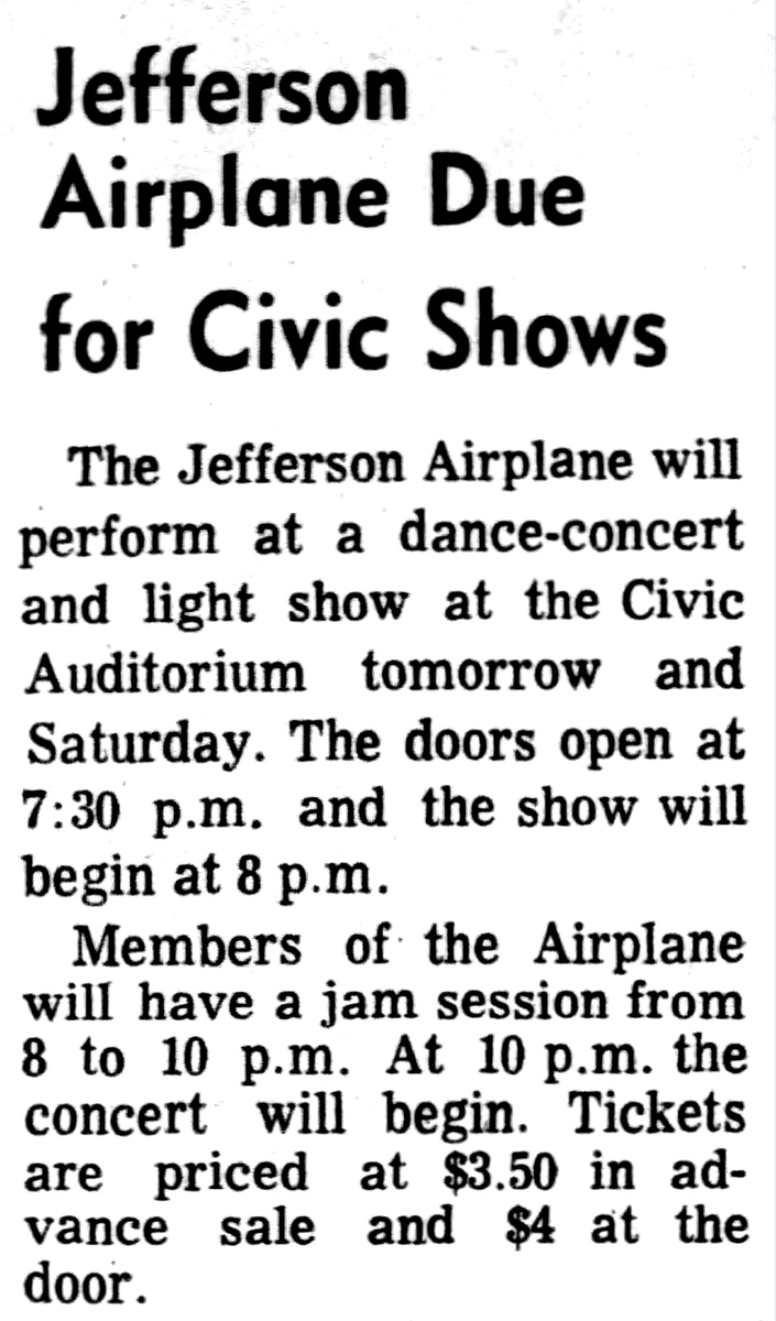 Oct 17, 1969: Jefferson Airplane at Civic Auditorium Honolulu, Hawaii ...